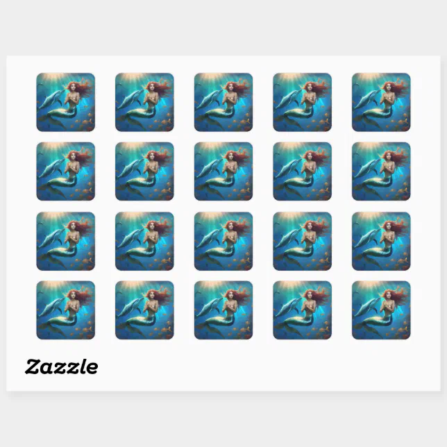 Angelic Mermaid Swimming With Dolphins, Square Sticker | Zazzle