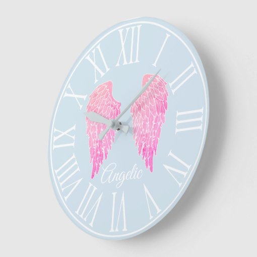 Angelic Pink Angel Wings & Light Blue Large Clock | Zazzle