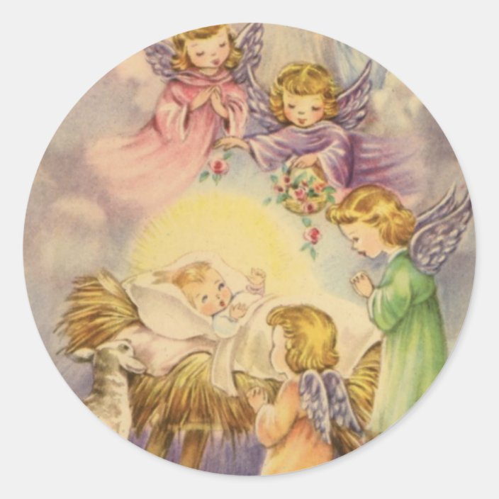 Angels Watching Over Baby Jesus Classic Round Sticker | Zazzle.com