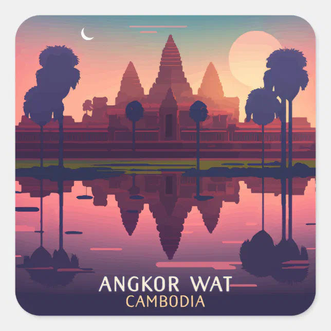 Angkor Wat Sunrise Cambodia Siem Reap Retro Square Sticker | Zazzle