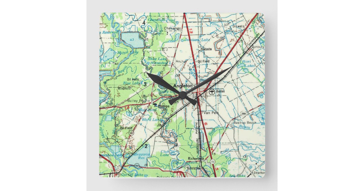 Angleton Texas Topographic Map Square Wall Clock | Zazzle