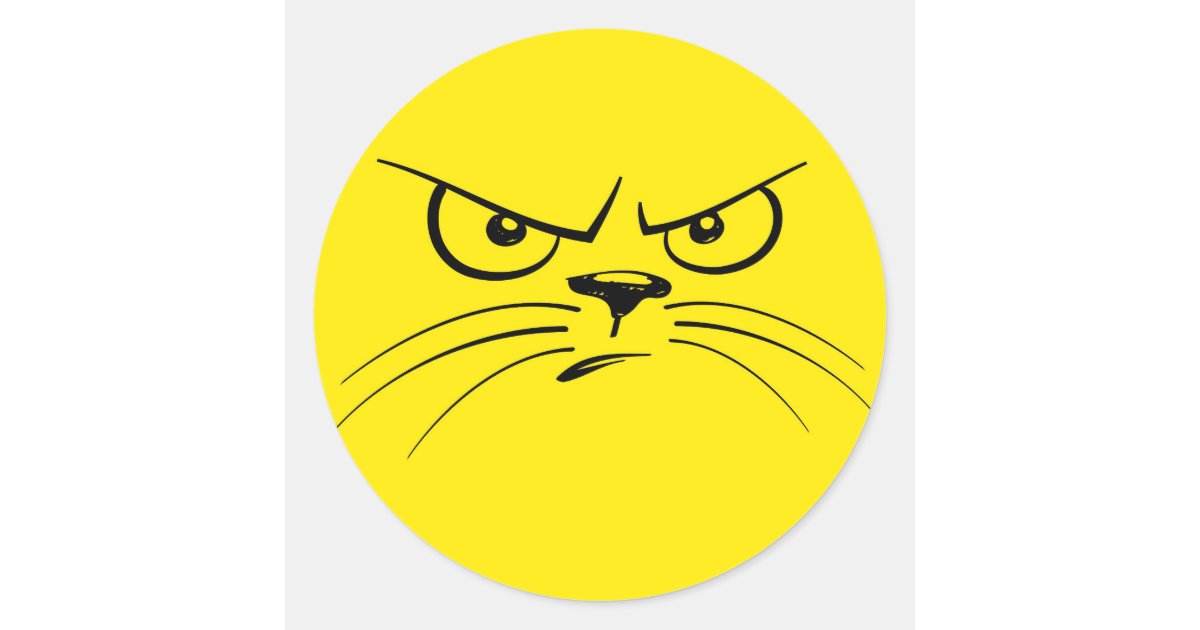 Angry Cat Cartoon Face, Yellow Classic Round Sticker | Zazzle