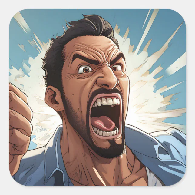 Angry Man Shaking Fist Cartoon Square Sticker | Zazzle