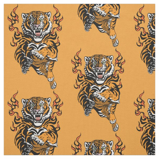 Angry tiger in tongues of flame fabric | Zazzle