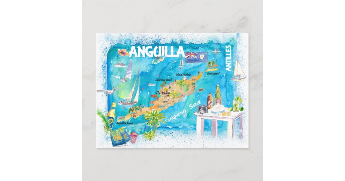 Anguilla Antilles Illustrated Caribbean Travel Map Postcard | Zazzle