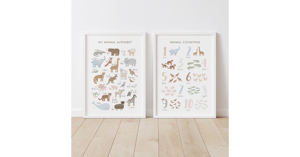 Animal Alphabet and Numbers Educational Classroom Wall Art Sets | Zazzle