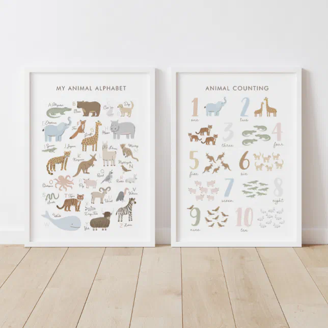Animal Alphabet and Numbers Educational Classroom Wall Art Sets | Zazzle