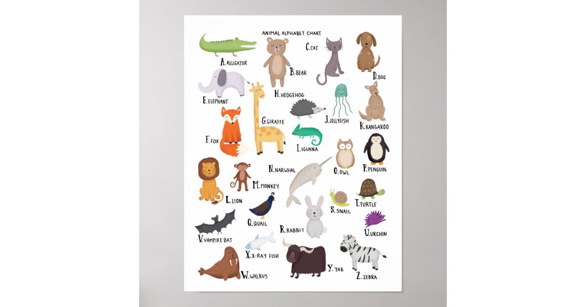Animal Alphabet Chart A-Z art print | Zazzle
