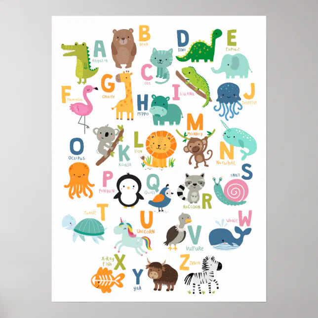 Animal Alphabet Kids Nursery Home School Classroom Poster | Zazzle