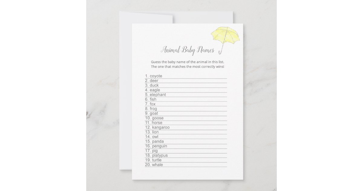 Animal Baby Names Baby Sprinkle Shower Game Card | Zazzle