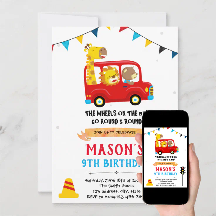 Animal bus birthday theme invitation | Zazzle