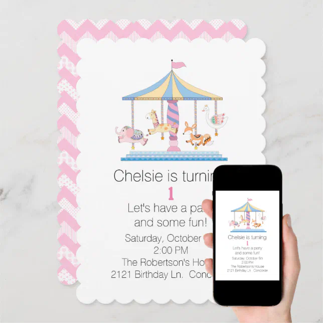 Animal Carousel Babys First Birthday Invitation | Zazzle