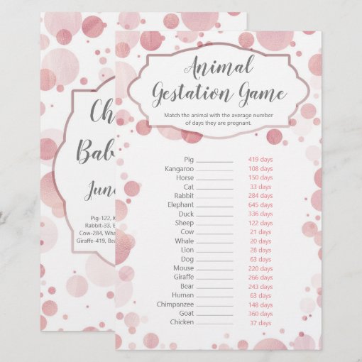 Animal Gestation Baby Girl Shower Game, Answer Key | Zazzle