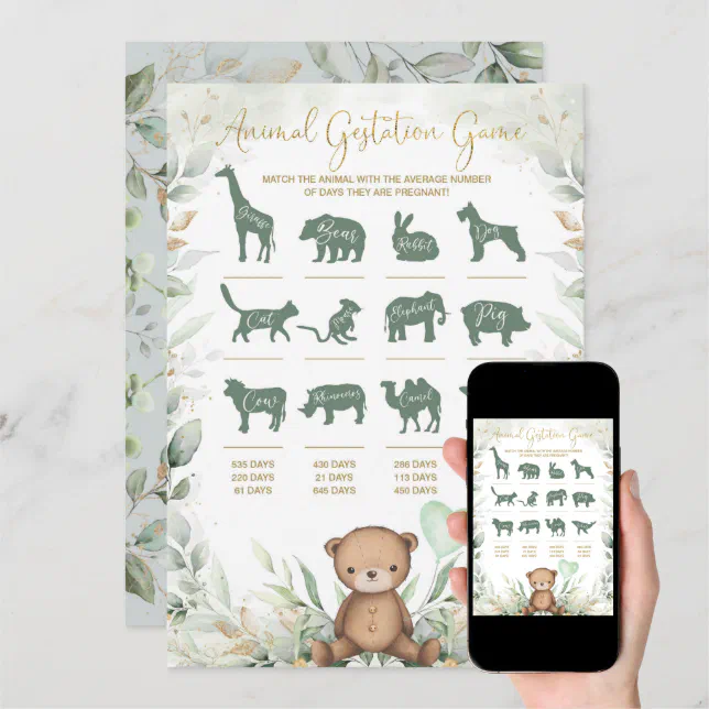 Animal Gestation Teddy Bear Baby Shower Game Card | Zazzle