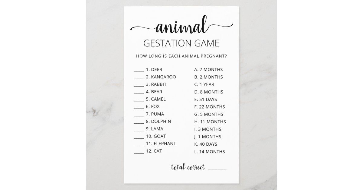 Animal Gestation With Answers Baby Shower Game Zazzle animal-gestation-with-answers-baby-shower-game-zazzle