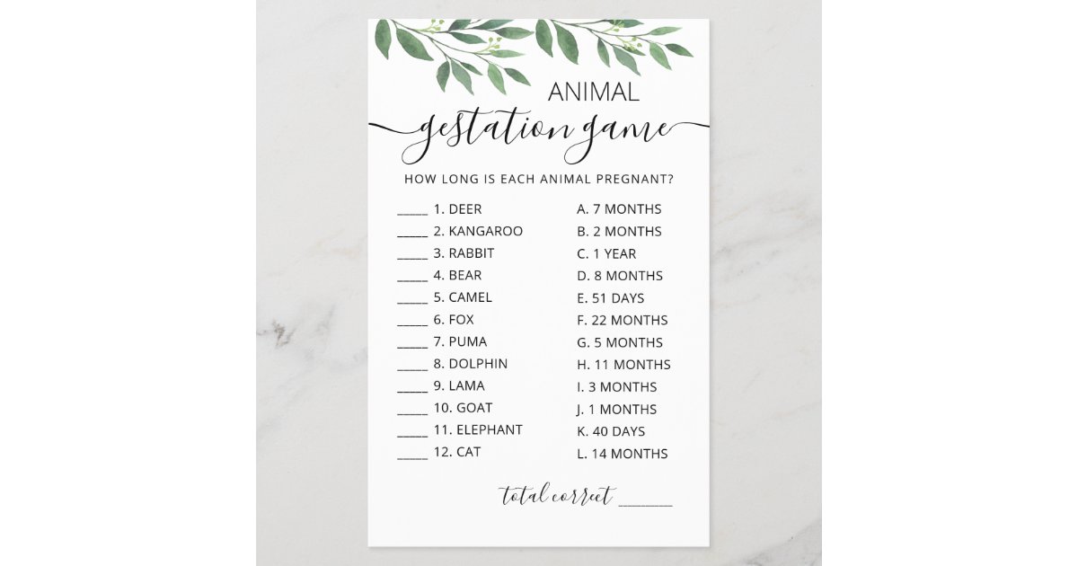 Animal Gestation With Answers Baby Shower Game Zazzle Animal Gestation With Answers Baby Shower Game Zazzle