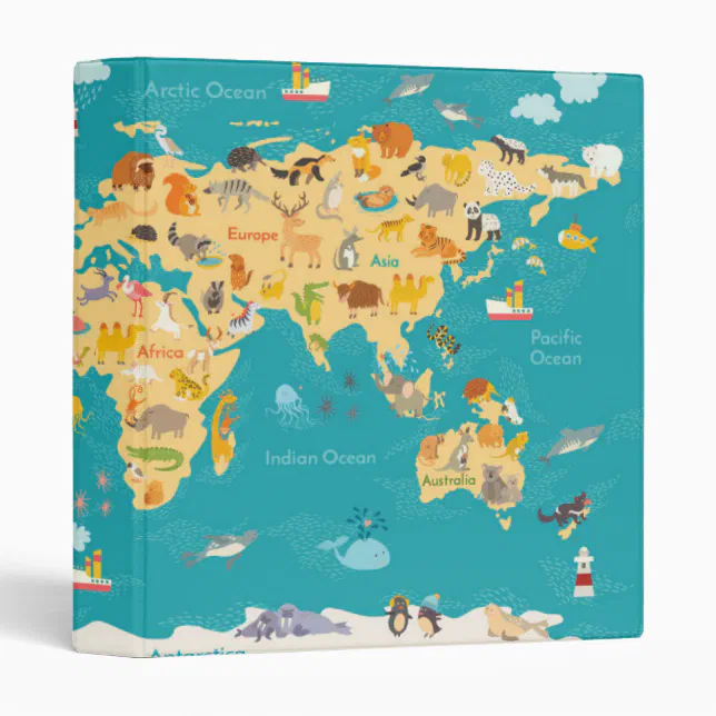 Animal Map of the World For Kids 3 Ring Binder | Zazzle