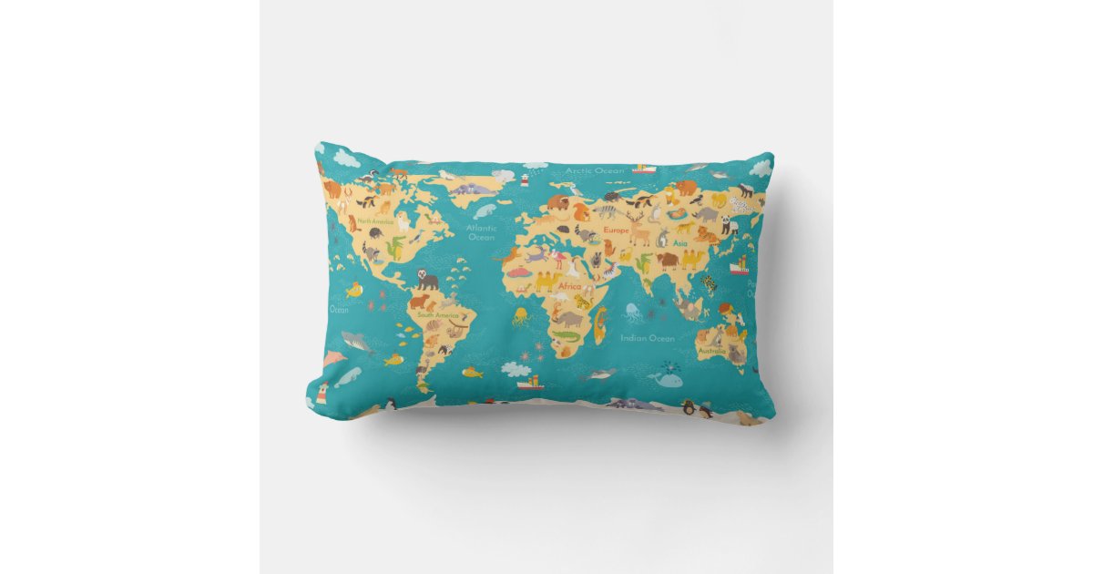 Animal Map of the World For Kids Lumbar Pillow | Zazzle