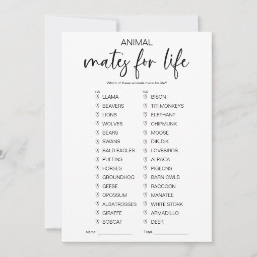 Animal Mates for Life Bridal Shower Game Invitation | Zazzle