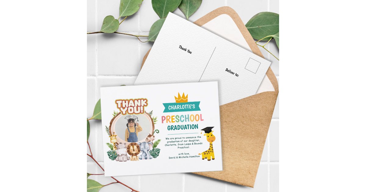 Animal Preschool Photo Graduation Thank You Postcard | Zazzle
