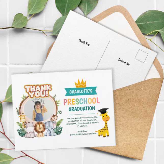 Animal Preschool Photo Graduation Thank You Postcard | Zazzle
