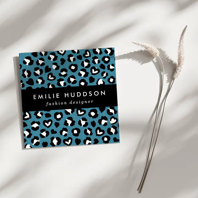 Animal Print, Blue Leopard, Cheetah Spots, Hearts Square Business Card ...