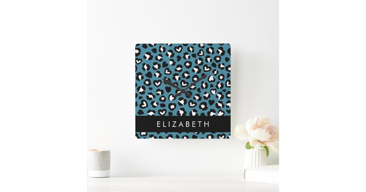 Animal Print, Blue Leopard, Hearts, Your Name Square Wall Clock | Zazzle
