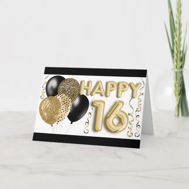 Animal Print & Gold Balloons Happy 16th Birthday Card | Zazzle
