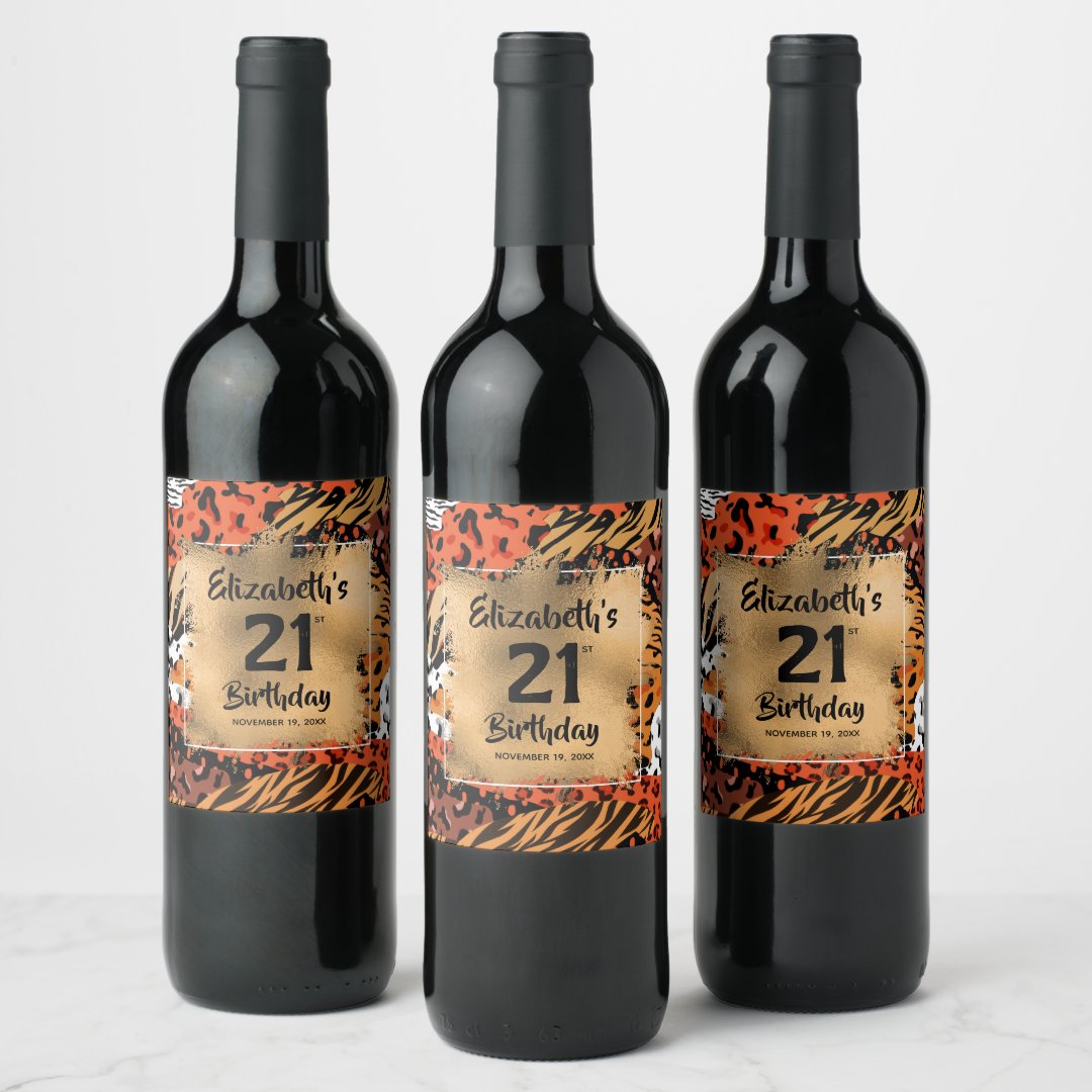 Animal Print Pattern 21st Birthday Personalized Wine Label | Zazzle