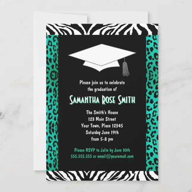 Animal Print Teal Custom Photo Graduation 5x7 Invitation | Zazzle