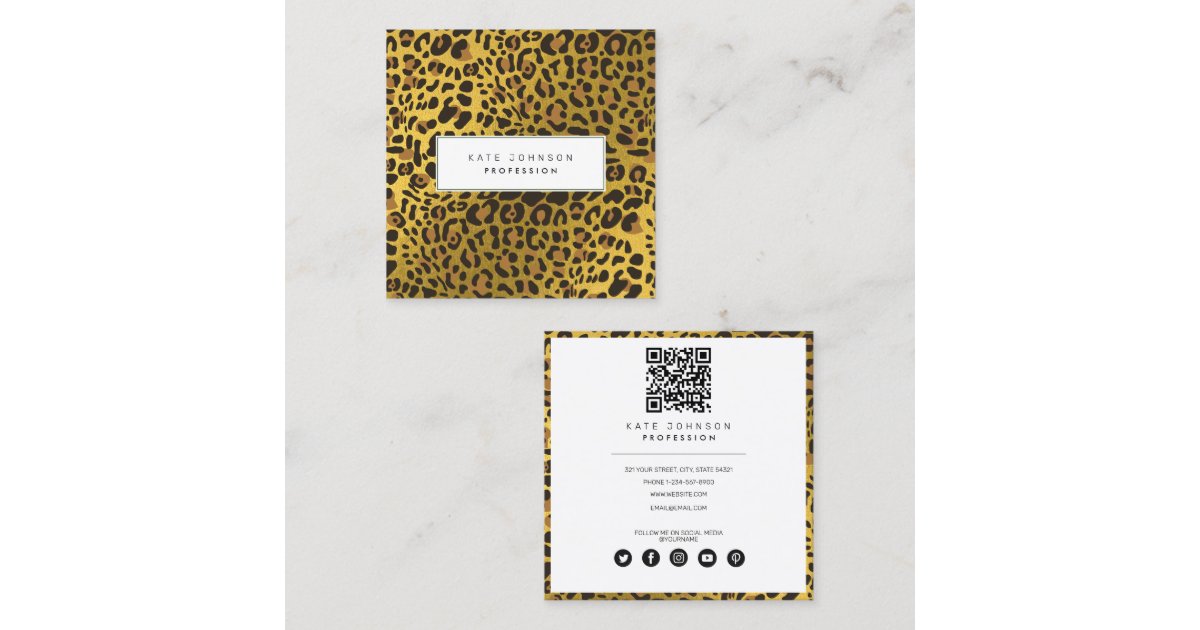 Animal Skin Leopard Print Pattern Gold QR Code Square Business Card ...
