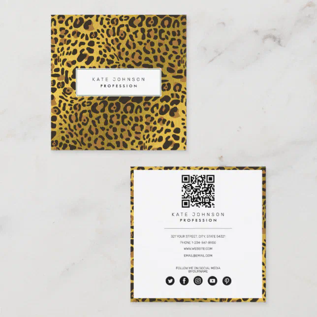 Animal Skin Leopard Print Pattern Gold QR Code Square Business Card ...