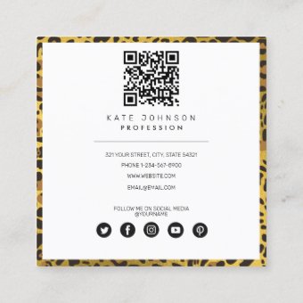 Animal Skin Leopard Print Pattern Gold QR Code Square Business Card ...