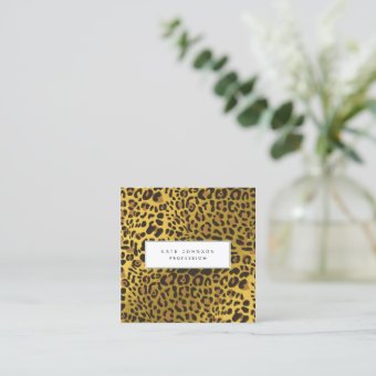 Animal Skin Leopard Print Pattern Gold QR Code Square Business Card ...