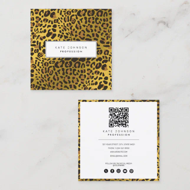 Animal Skin Leopard Print Pattern Gold QR Code Square Business Card ...