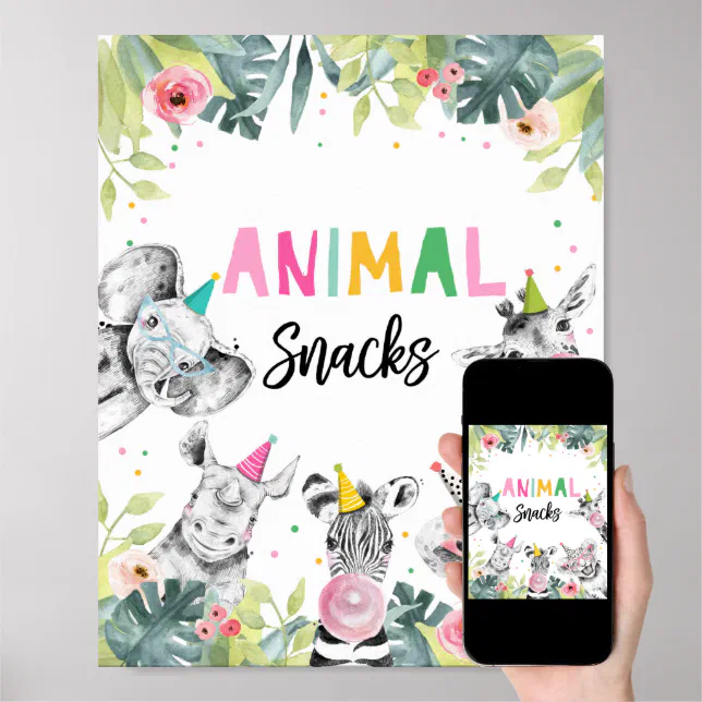 Animal Snacks Sign Safari Animals Birthday Table | Zazzle