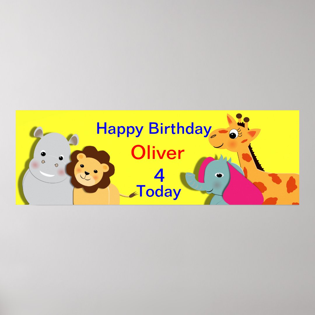 Animal Theme Happy Birthday Personalized Banner Poster | Zazzle