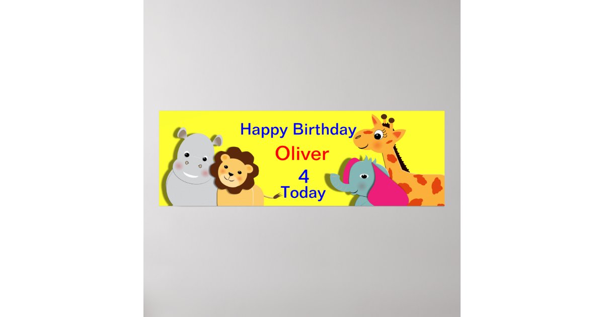 Animal Theme Happy Birthday Personalized Banner Poster | Zazzle