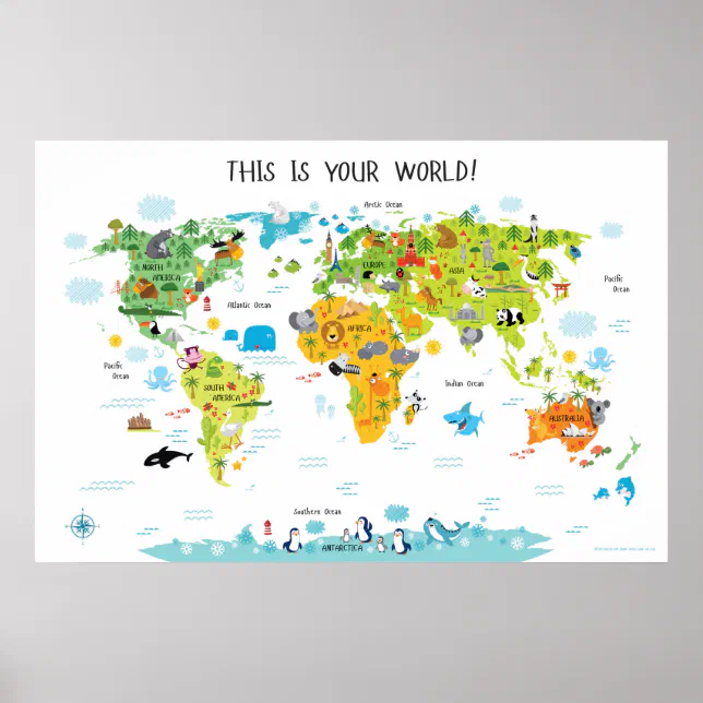 Animal World Map for Kids Poster Playroom Decor | Zazzle