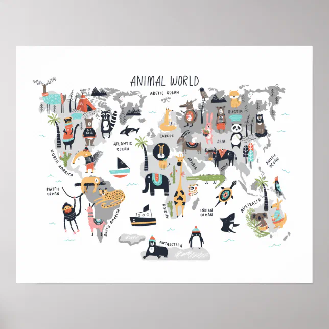 Animal World Map Poster | Zazzle
