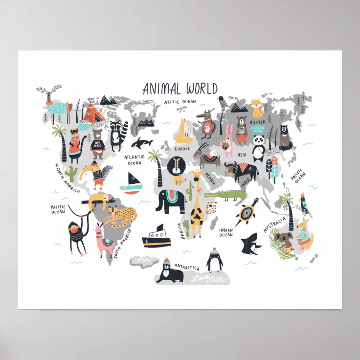 Animal World Map Poster | Zazzle