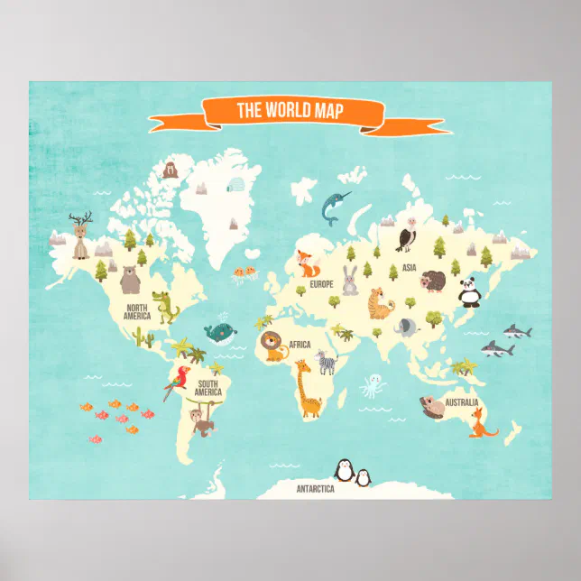 Animal World poster World Map Wall decal Kids | Zazzle