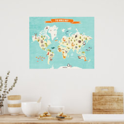 Animal World poster World Map Wall decal Kids | Zazzle