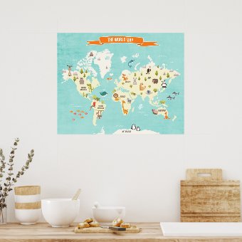 Animal World poster World Map Wall decal Kids | Zazzle