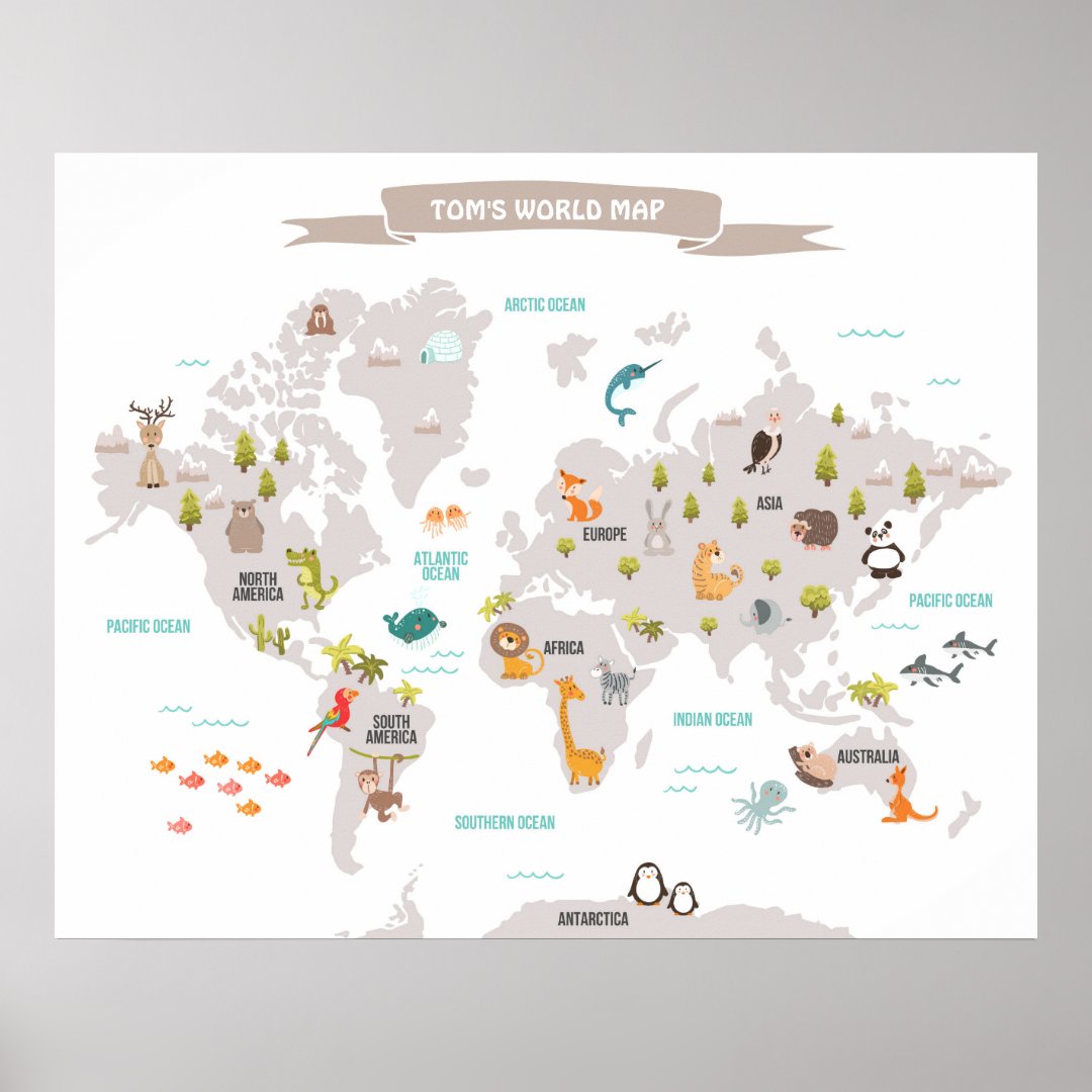Animal World poster World Map Wall decal Kids | Zazzle