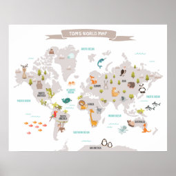 Animal World poster World Map Wall decal Kids | Zazzle