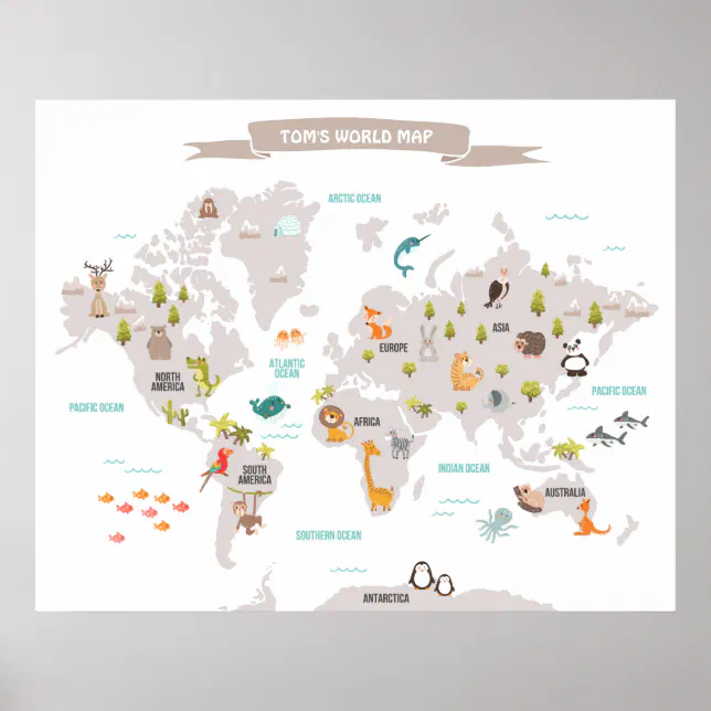 Animal World poster World Map Wall decal Kids | Zazzle