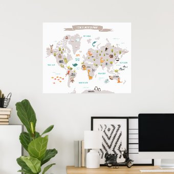 Animal World poster World Map Wall decal Kids | Zazzle