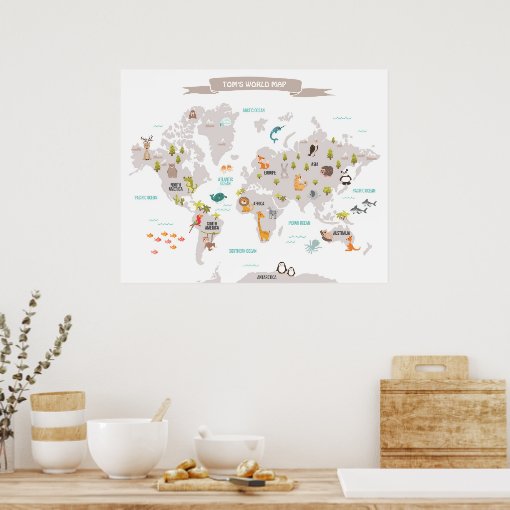 Animal World poster World Map Wall decal Kids | Zazzle