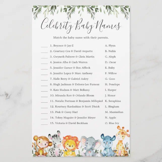 Animals Baby Shower Celebrity Baby Names Games | Zazzle